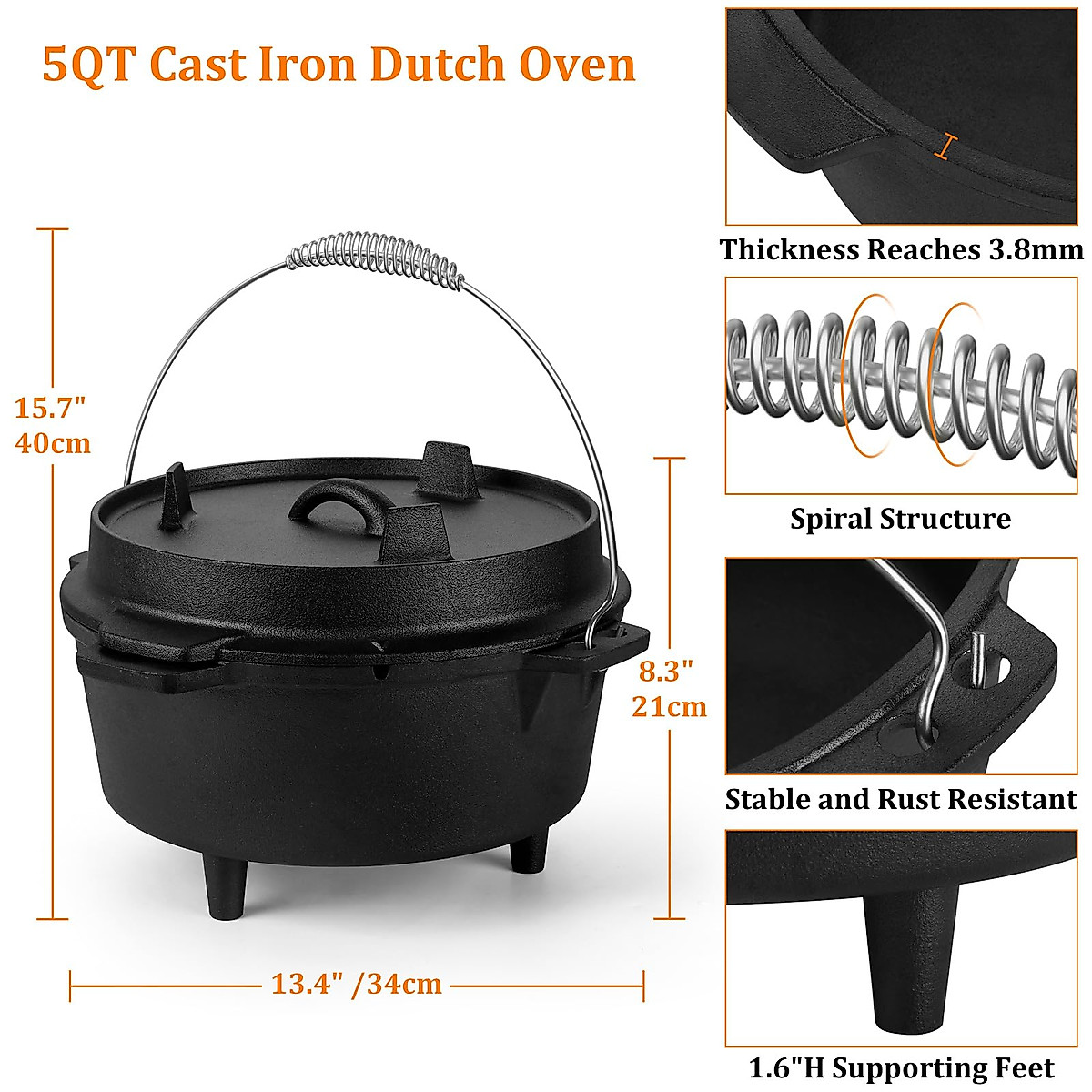 5QT Dutch Oven Camping, Leonyo 2 in 1 Camping Dutch Oven, Cast Iron Dutch Oven for Outdoor Camping, Heavy Duty & Pre-Seasoned Deep Pot for Sourdough Bread Baking, Campfire Cooking