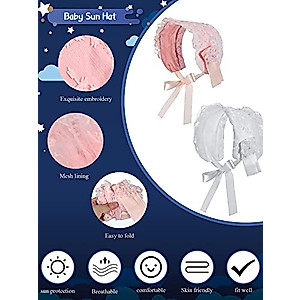 2 Pieces Baby Girls Bonnet Christening Lace Hat Caps Breathable Adjustable Baby Girl Sun Hat Pink and White Toddlers Beanie for 3-18 Months Kids