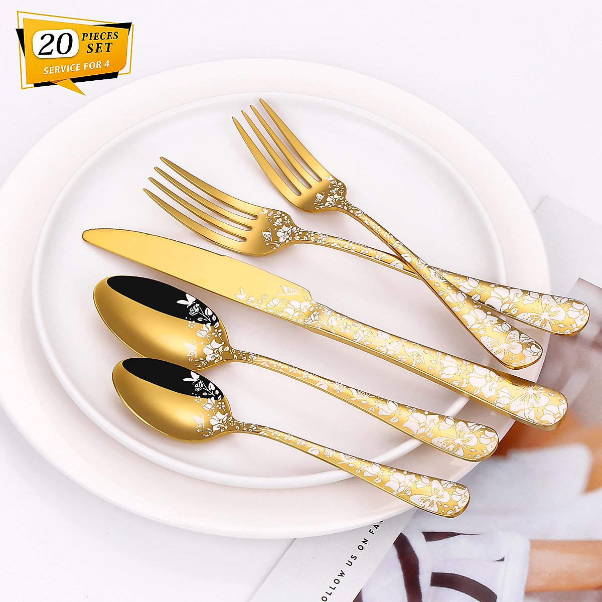 20-Piece Gold Silverware Set for 4, Stapava Stainless Steel Gold Flatware Cutlery Set, Unique Tableware Utensil Sets Include Forks Spoons And Knives Set, Mirror Polished, Dishwasher Safe