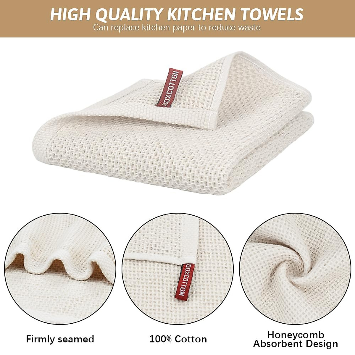 Nialnant 100% Cotton Kitchen Dish Towels,4 Pack Waffle Weave Dish Cloths for Drying Dishes,Extra Soft & Quick Drying Hand Towels-13 x 28 Inch,Beige