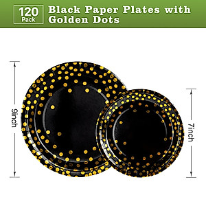 Lullaby 120PCS Black Paper Plates, Black and Gold Paper Plates, 60pcs Dinner Plates 9"，60pcs Dessert Plates 7", Disposable Graduation Plates with Golden Dot for Birthday party, Halloween