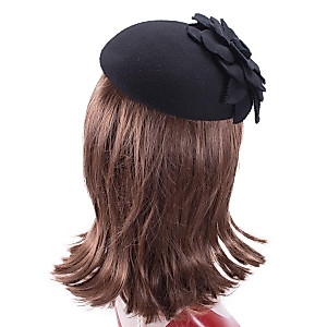Lawliet Flower Womens Dress Fascinator Wool Pillbox Hat Party Wedding A083 (Black)