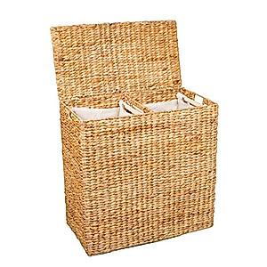 BirdRock Home Water Hyacinth Laundry Hamper Divided Interior (Natural) - Eco Friendly - Made of Hand Woven Hyacinth Fibers - Includes Two Removable Cotton Liners Bag - Wicker Laundry Basket with Lid