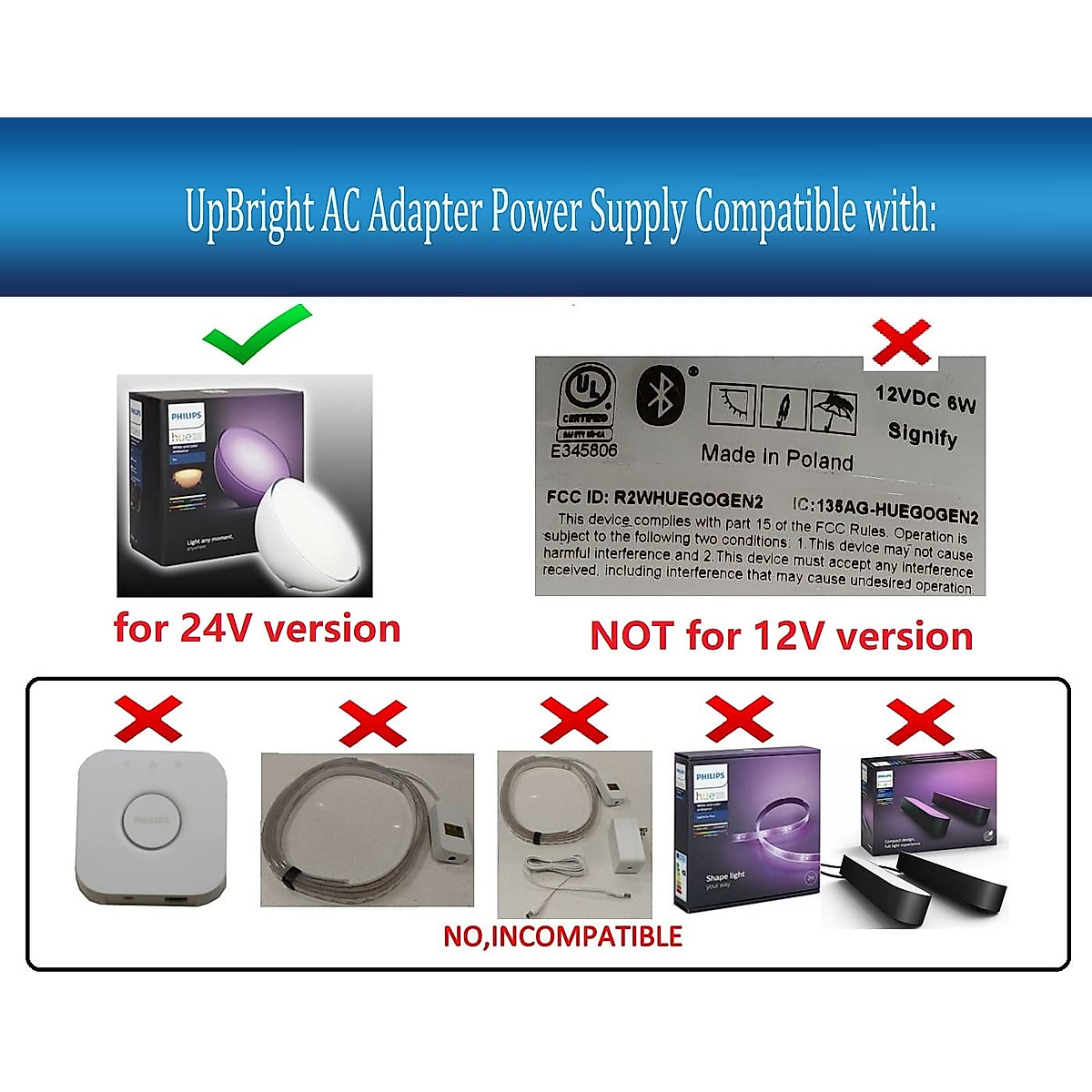 UpBright 24V AC/DC Adapter Compatible with Philips Hue Go 798835 800136 71460 60 7146060C6 HueGo LED Light HF12 HF18 HF24 S018QU2400075 S018QU2400050 S012BSM2400050 24VDC 6W 12W Power Supply Charger