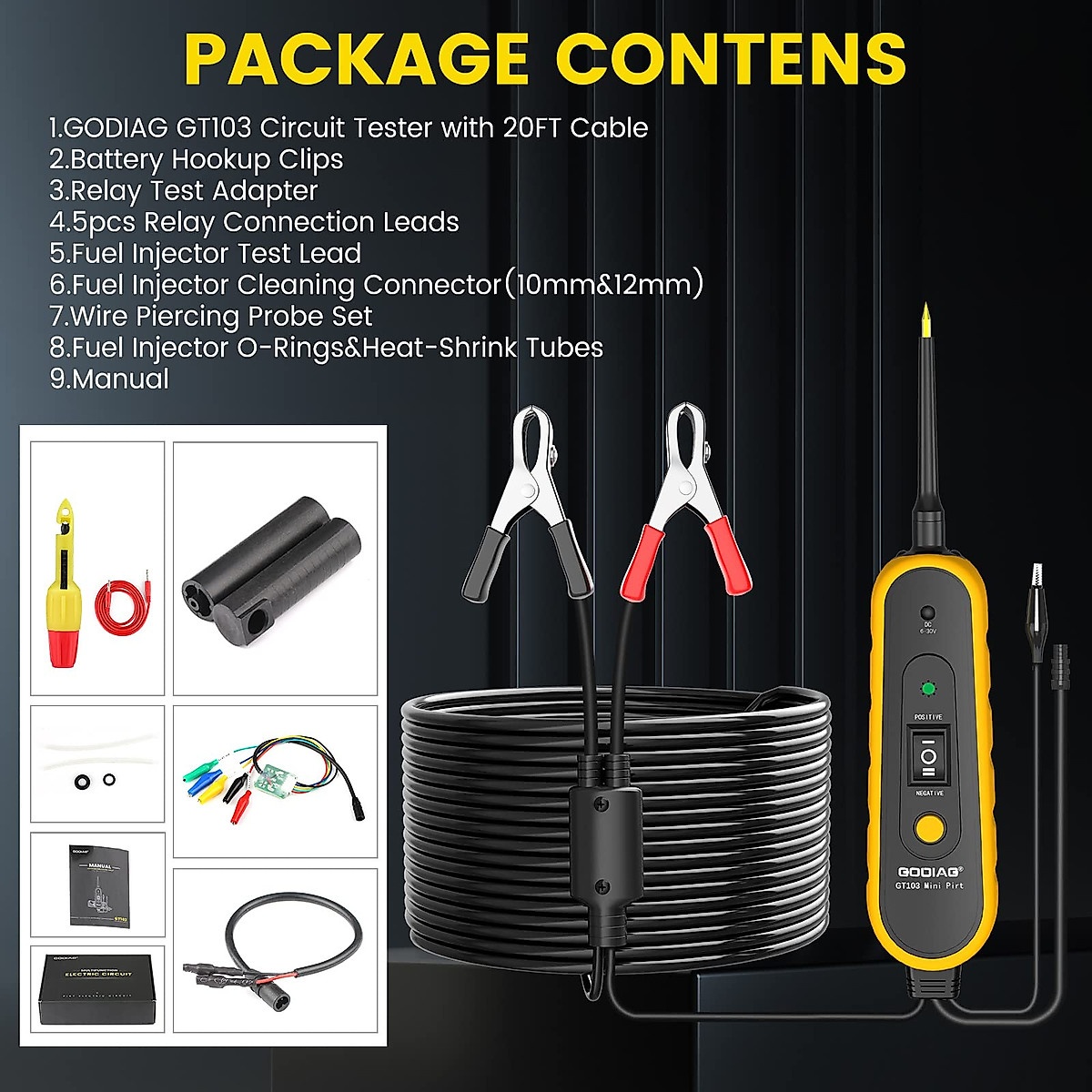 GODIAG Power Circuit Probe Kit, Electrical System Tool Short Tester Car Fuse Relay Automotive Circuit Tester Fuel Injector Tester&Cleaner Breaker Finder Tracer Tool with 20Ft Cable for 6-30V Vehicle