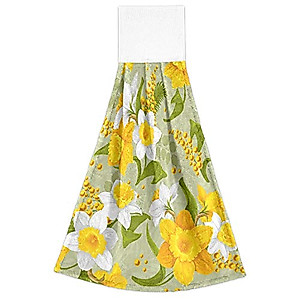 WELLDAY 2 Pcs Hanging Hand Towels Soft Absorbent Daffodils Towel for Kitchen Bathroom