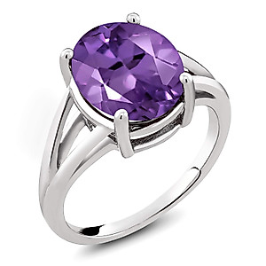 Gem Stone King 925 Sterling Silver Purple Amethyst Ring For Women | 4.60 Cttw | Gemstone February Birthstone | Oval 12X10MM | Available In Size 5,6,7,8,9