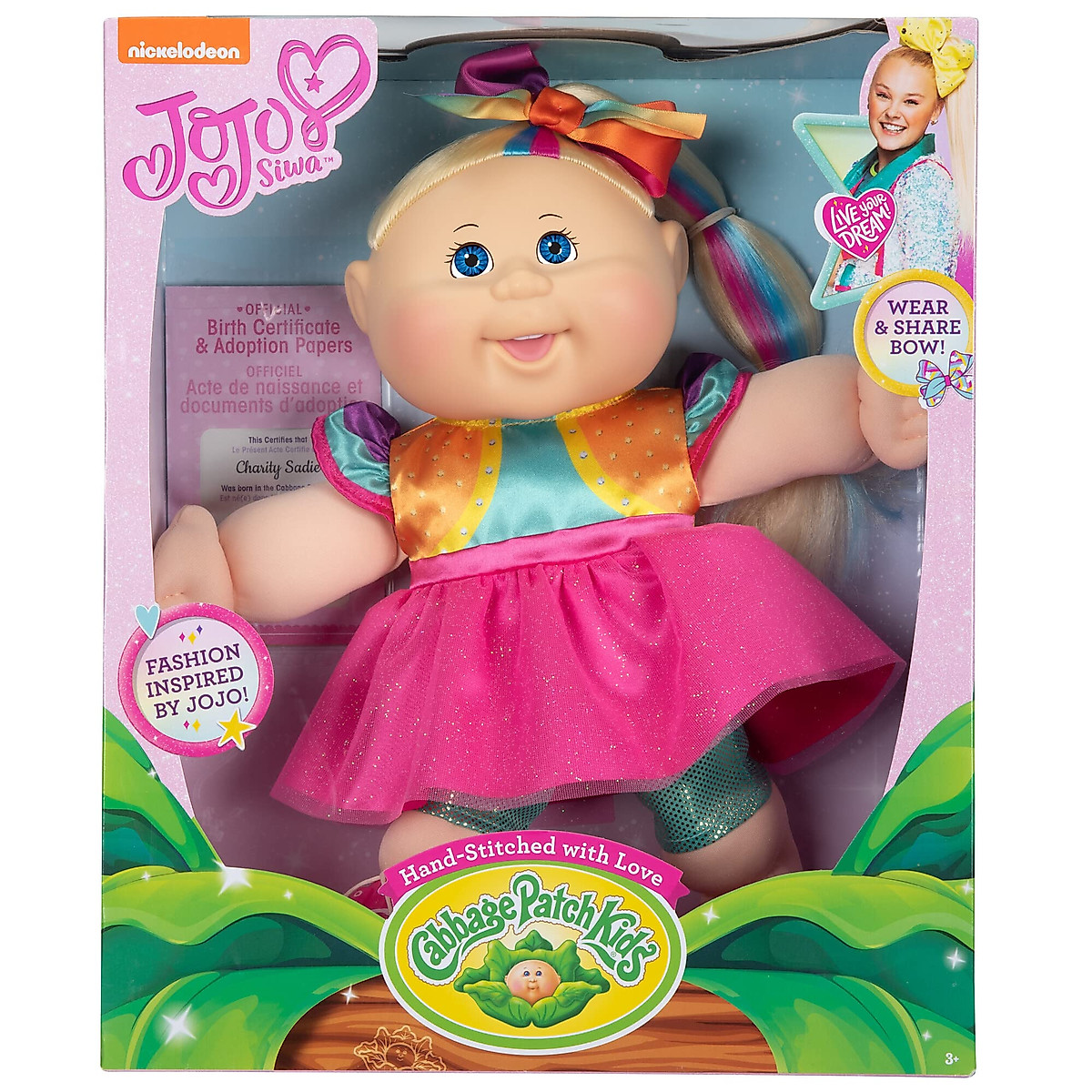 Cabbage Patch Kids - JoJo Siwa Doll - 14” Plush Toy - Includes Sparkly Dress, Jeweled Bodice - Pink and Blue Highlights with Giant Hair Bow – with Birth Certificate, Date, Time - Amazon Exclusive