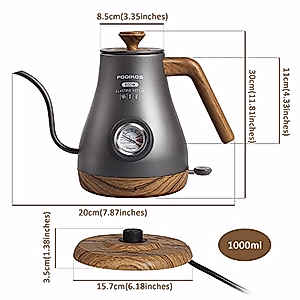 Fooikos Gooseneck Electric Kettle with Thermometer - 1.0L 304 Stainless Steel Water Kettle for Coffee and Tea Brewing -800W Fast Heating in 4 Minutes(Grey)
