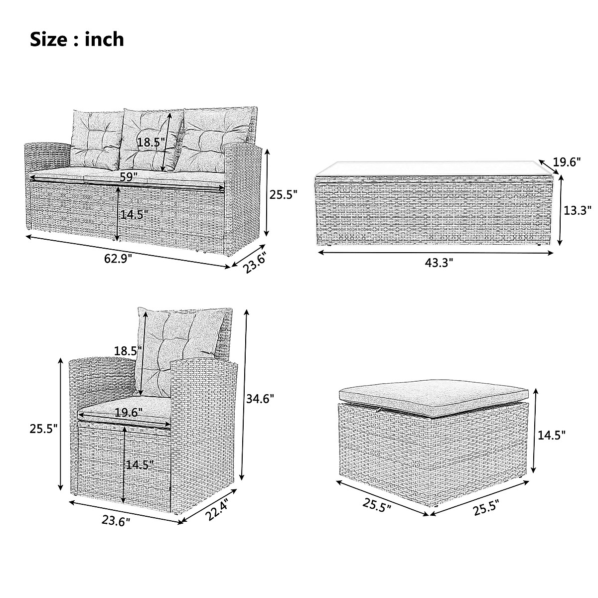 BIADNBZ 5-Piece Patio Furniture Set with Armchairs, Storage Bench and Glass Table, All Weather PE Wicker Outdoor Coversation Sofa Couch for Garden Backyard Lawn, Gray