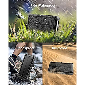 Solar Power Bank 36000mAh, Qi Wireless Charger, DJROLL Solar Charger with Dual USB 15W Output, IP66 Waterproof Powerbank, Flashlights Cell Phone Charger for Camping Outdoor (Black)