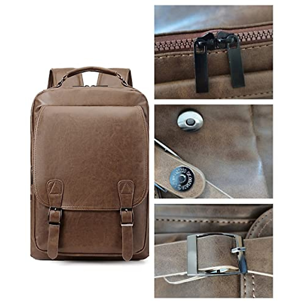 AKAKA Men Brown Outdoor Backpack Imitation Leather Weekend Bag Leisure Bag Carrying Backpack Old Fashion Traveling Laptap Backpack with USB Port.