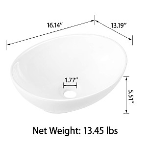 Sinber 16" x 13" x 5.5" White Oval Ceramic Countertop Bathroom Vanity Vessel Sink BVS1613A-OL