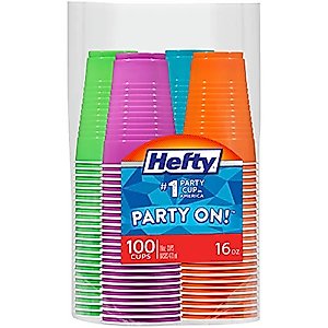 Hefty Party On Disposable Plastic Cups, Assorted, 16 Ounce, 100 Count