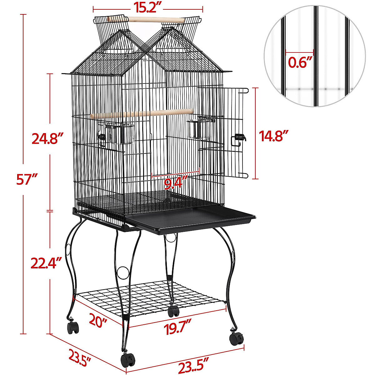 Yaheetech 57-Inch Rolling Open Top Roof Bird Cage for Mid-sized Parrots Cockatiels Caique Quaker Monk Indian Ring Neck Green Cheek Conure Middle bird Cage with Detachable Stand