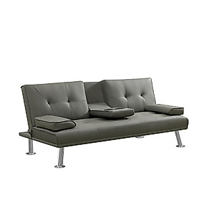 QCHANER Modern Convertible Folding Futon Sofa Bed, Faux Leather Home Recliner Loveseat Folding Daybed Guest Bed with Cup Holders for Compact Living Space, Apartment, Dorm, Bonus Room, Gray