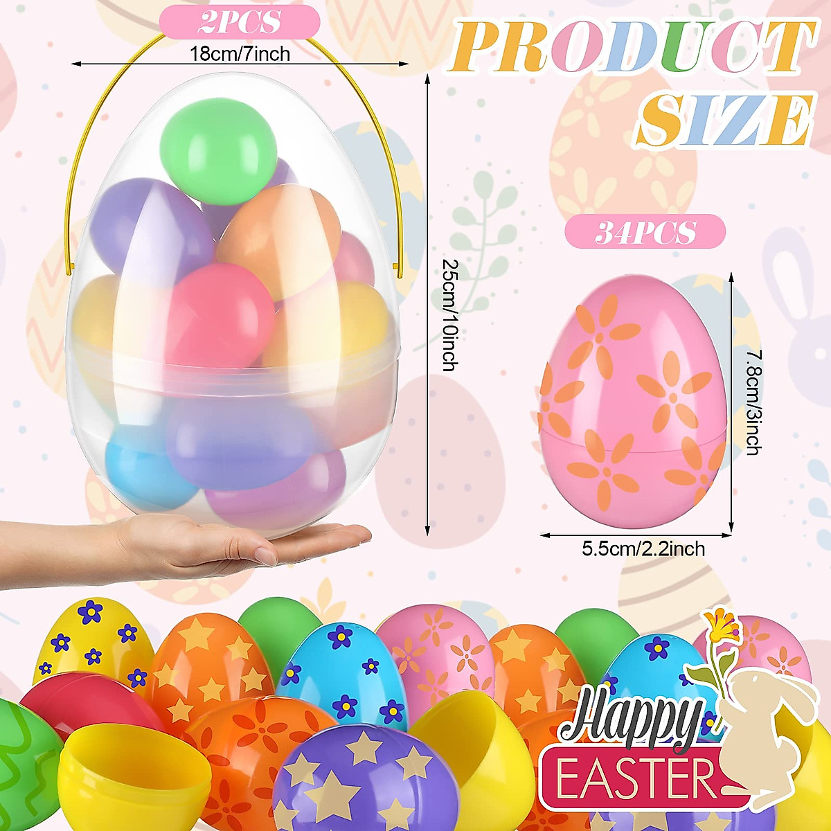 Jumbo Easter Egg Plastic Fillable Basket with 17 Easter Eggs Bulk Large Eggs Container Giant Clear Egg-Shaped Buckets with Handles for Easter Supplies and Decor, Surprise Egg, Easter Hunt (1 Pack)