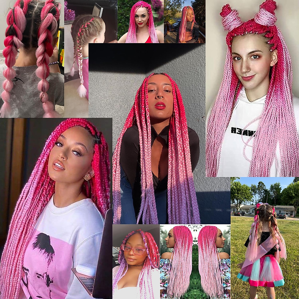 Ombre Braiding Hair (Pink/Light Pink)3pcs Jumbo Braiding Hair Extension For Box Braids Twist 24 Inch Hot Water Seal Real Soft