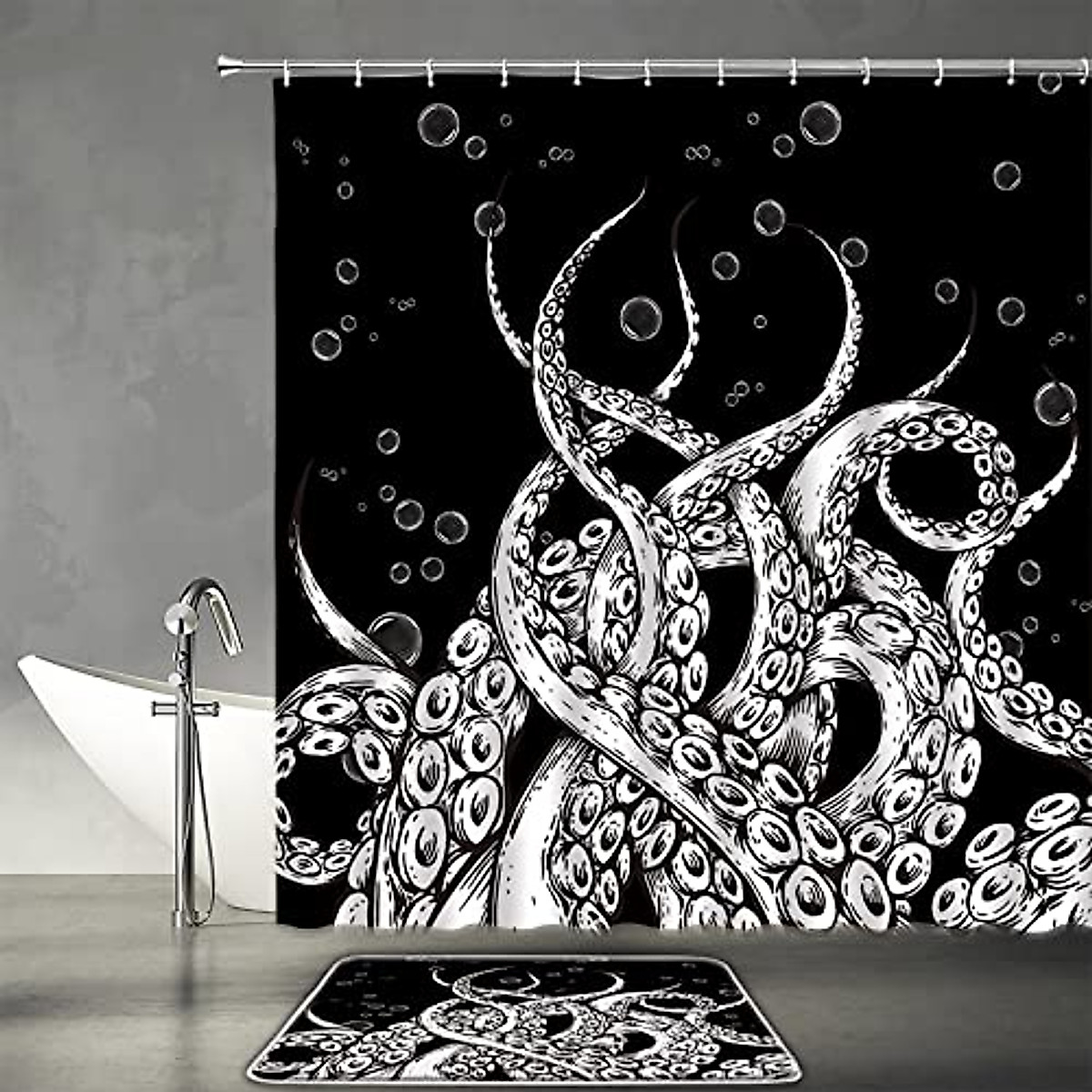 TFGGNDF 2 Piece Octopus Shower Curtain Sets with Bath Mat,White Octopus Tentacles Black Background Ocean Kraken 70"x 70" Bathroom Curatin with 12 Hooks and Bath Rugs