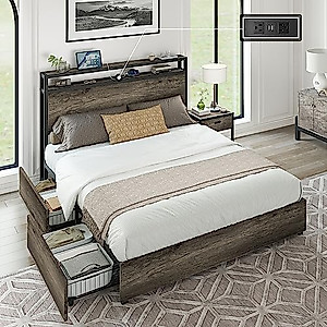AMERLIFE Queen Size Storage Bed Frame, Wooden Platform Bed with Charging Station, 4 Drawers & Headboard/No Box Spring Needed/Noise-Free/Rustic Grey