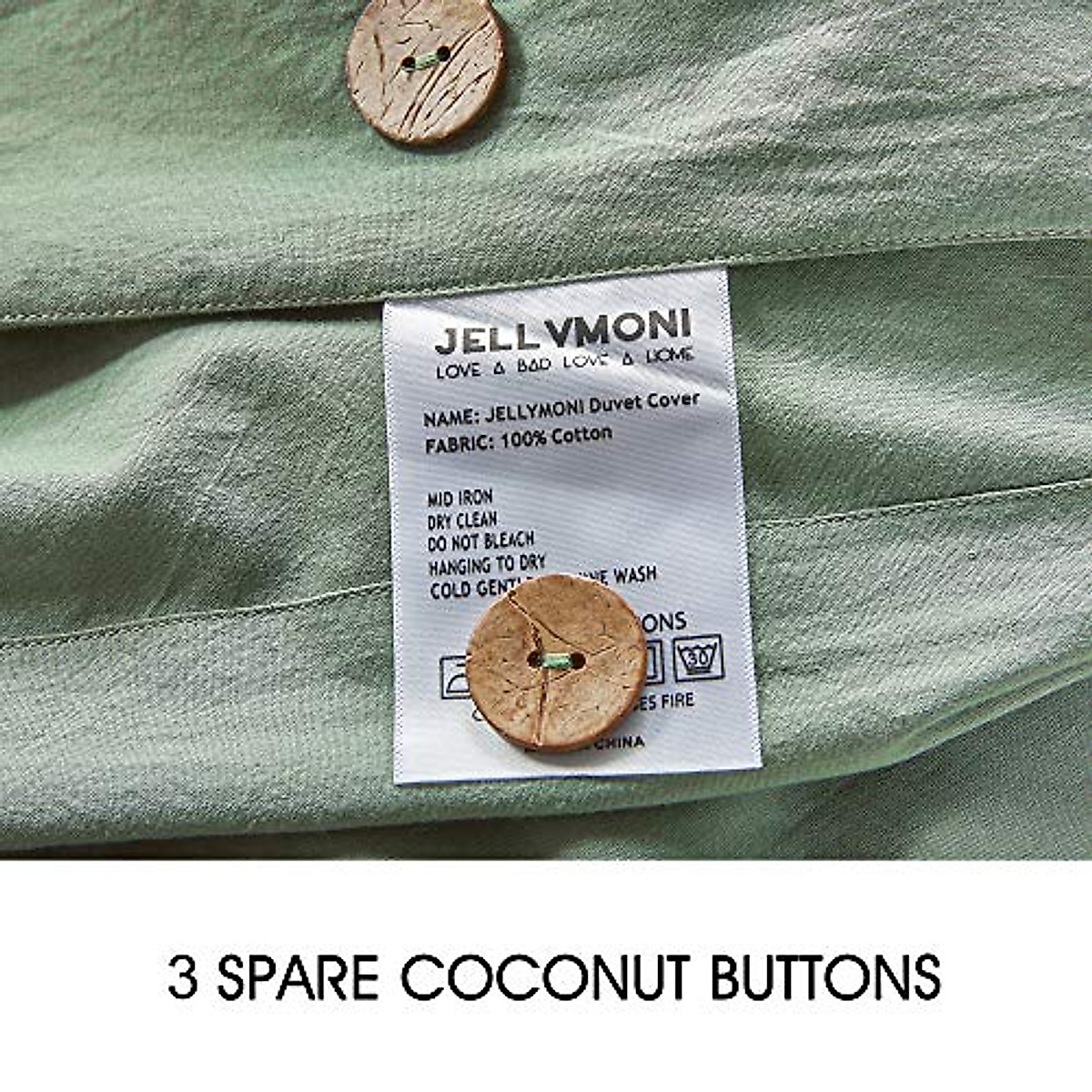 JELLYMONI Green 100% Washed Cotton Duvet Cover Set, 3 Pieces Luxury Soft Bedding Set with Buttons Closure. Solid Color Pattern Duvet Cover Queen Size(No Comforter)