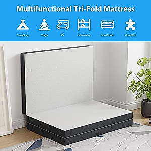 4 inch Tri Fold Folding Mattress Memory Foam Mattress Topper Portable Foldable Mattress Topper for Camping, Guest, Floor RV, CertiPUR-US Certified,with Washable Cover,Easy Storage, Twin