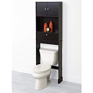 Zenna Home Drop Door Over-the-Toilet Bathroom Spacesaver, Bath-Storage Shelves with Leg Extensions, Espresso