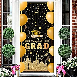 Mocossmy Graduation Door Banner 2022,Large Black Gold Congrats Grad Banner Door Covers Graduation Porch Sign Photo Booth Props Backdrop for Photography High School College Graduation Party Decoration