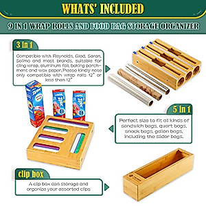 Calmbee Plastic Wrap Dispenser with Cutter and Ziplock Bag organizer, 9 IN 1 Bamboo Foil and Plastic Wrap Organizer for Kitchen Drawer, Ziplock Bag Storage Organizer for Gallon,Quart,Sandwich,Snack