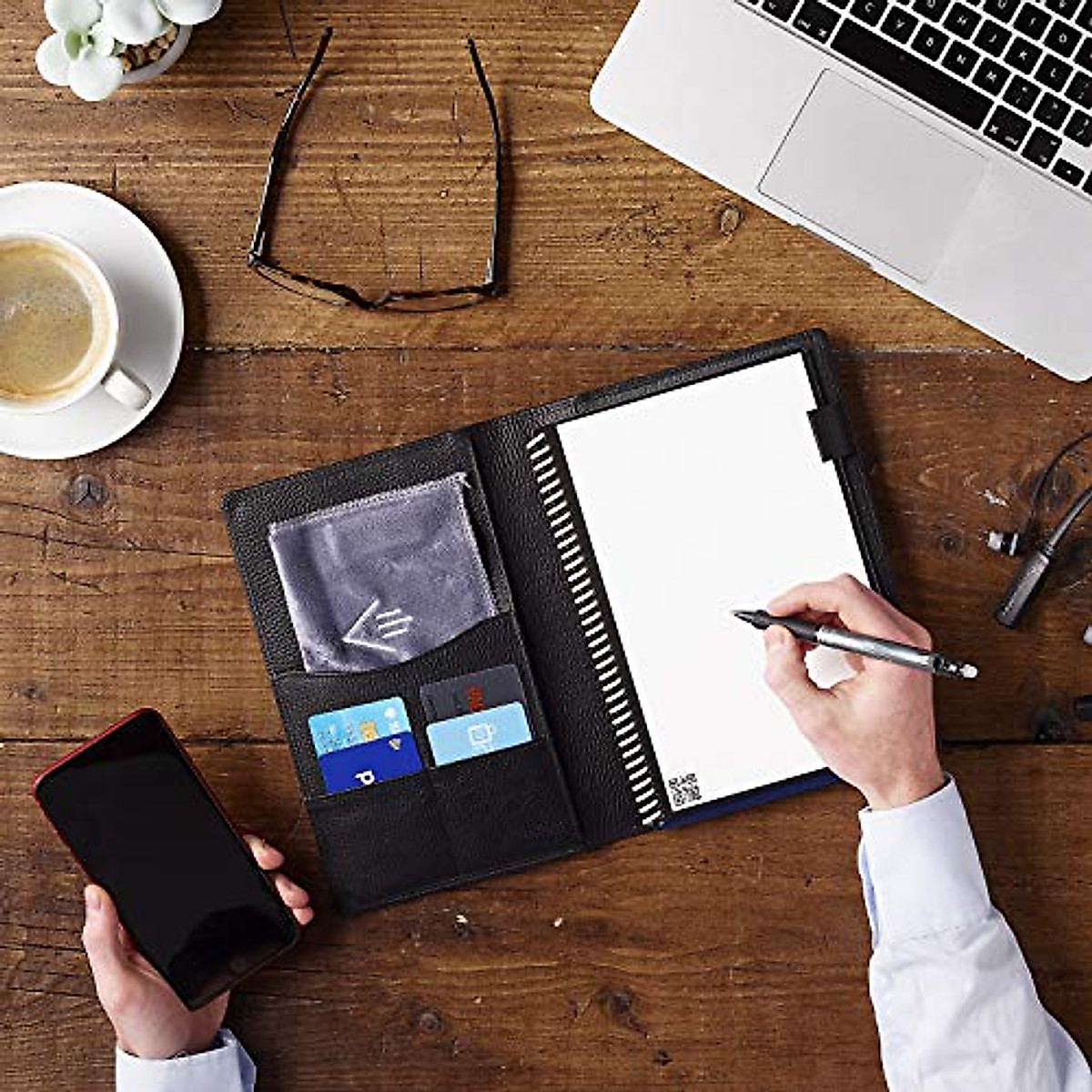 Genuine Leather Folio Cover Compatible with Rocketbook Everlast, Wave, Fusion, Panda | A5 Size Portfolio Organizer with Pen Loop | Fits Executive A5 Size Notebook 6" x 8" | Black