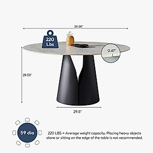 POVISON Round Dining Table for 6, Modern Dining Table 59" Dining Table Round Sintered Stone Top with Solid Black Carbon Steel Base, White Dining Table for Dining Room, Dining Table Only