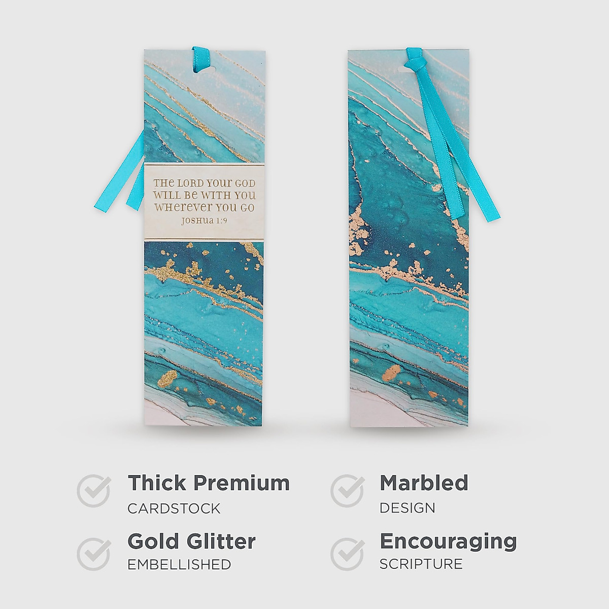 Christian Art Gifts Teal Marble Swirl Premium Scripture Bookmark God Will Be with You Joshua 1:9 Bible Verse Metallic Gold Accent Inspirational Bookmark for Men and Women w/Satin Ribbon