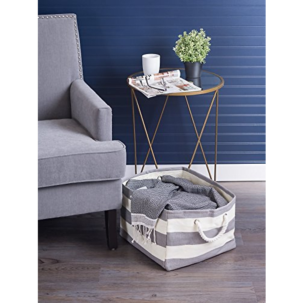 DII Durable Woven Striped Storage Bin Collapsible with Soft Rope Handles Reinforced with Metal Grommets, X-Large, 17x15x12", Solid Gray