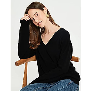 Kallspin Women's 100% Cotton Sweater Pullover Relaxed Fit V Neck Long Sleeve Fashion Knitted Jumper (Black,Medium)