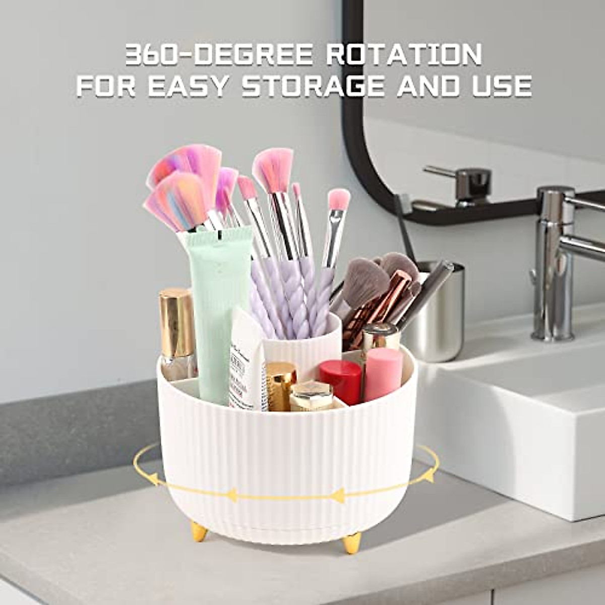 LEICURACE 360 Rotating Makeup Organizer Desktop Lazy Susan Cosmetic Desk Storage Container Makeup Brush Holder for Eyeshadow Brush Lipstick Holder Pen Holder(White)