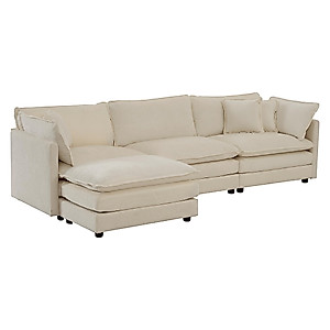 Wrofly Modular Sectional Sofa, 111.5" Comfy Chenille Deep Seat 3 Seater Cloud Couch, Oversized L Shaped Sofa with Convertible Ottoman, Modern Sleeper Sofa Set for Living Room Apartment Office, Beige