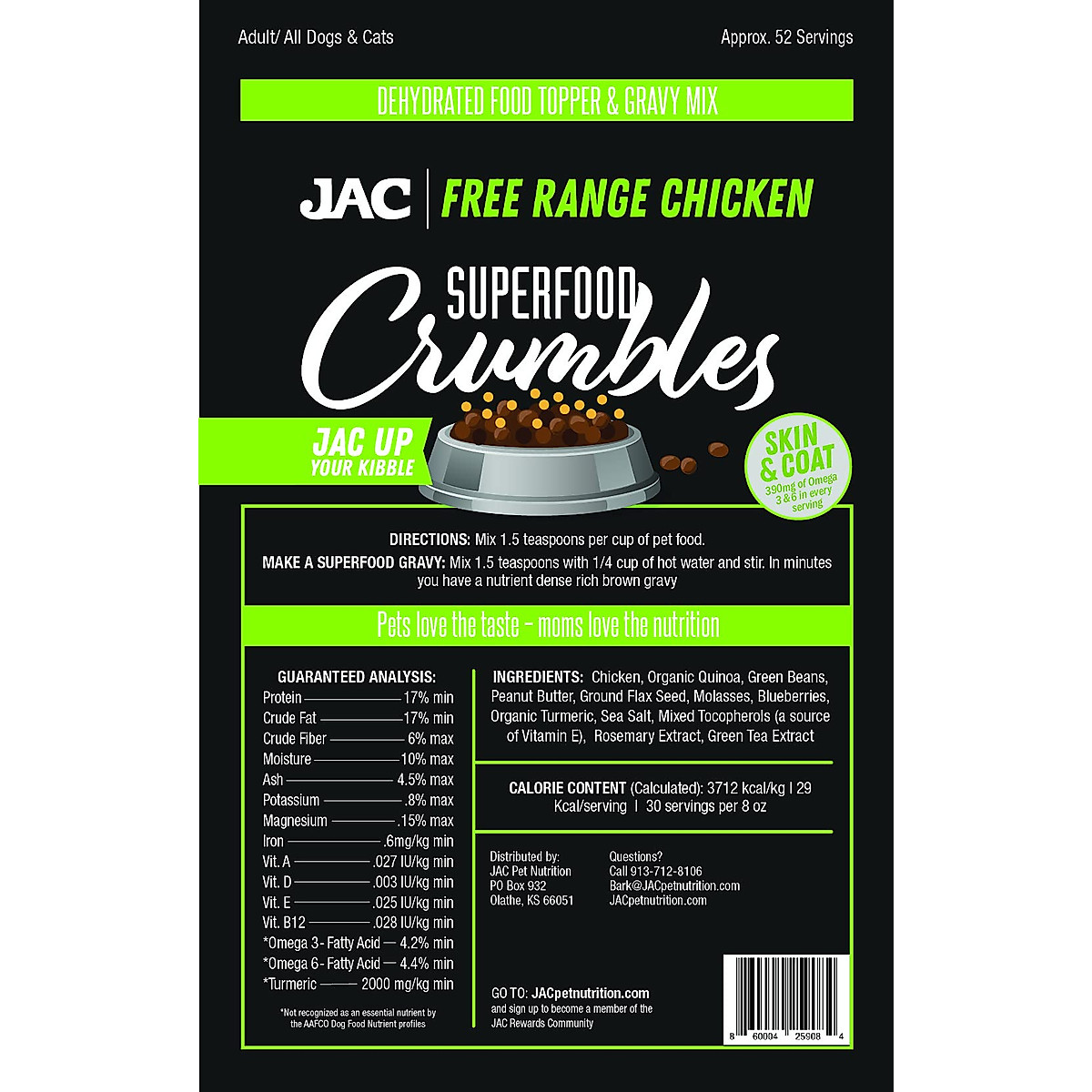 JAC Dog Food Topper and Gravy Mix – Free-Range Chicken with Postbiotics, Meal Enhancement Dog Food (Approximately 30 Servings) Made in The USA