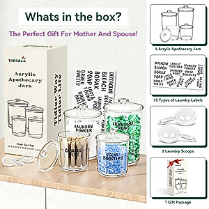 TIDIdea 4 Pack Laundry Room Organization Jars - Laundry Storage Containers with Labels & Scoops Hold Pods, Powder, Scent Booster, Beads, Soap, Detergent - Great Laundry Organizer - Clear Acrylic