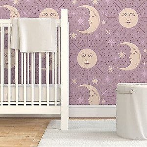 Peel & Stick Wallpaper Swatch - Purple Suns Boho Stars Mauve Celestial Moon Sky Custom Removable Wallpaper by Spoonflower