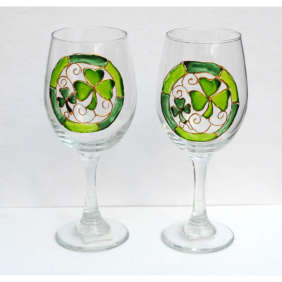 Lucky Green Shamrocks Hand Painted Stemmed Wine Glasses Set of 2
