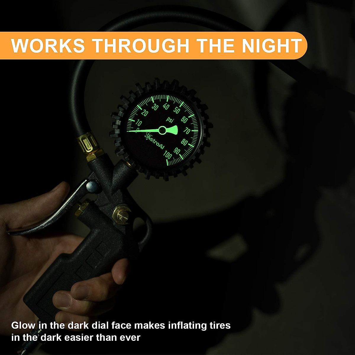 AstroAI Tire Pressure Gauge with Inflator, 100 PSI-ANSI B40.1 Accurate, Large 2.5" Easy Read Glow Dial, Heavy Duty Air Chuck and Compressor Accessories with Rubber Hose and Quick Connect Coupler