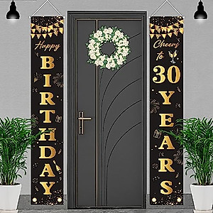 ASOONYUM 2Pcs Black Gold Happy 30th Birthday Porch Sign Banner Decorations Happy Birthday Door Banner Wall Hanging For Outdoor Indoor Men Women Kids Boys Girls Birthday Party Decor Supplies