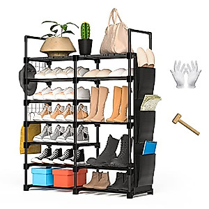 Ohuhu Shoe Rack, 7 Tiers 30 Pairs Metal Black Shoe Shelf Racks Boot Shoes Organizer Storage Free Standing Shoe Tower for Closet Entryway or Outdoor with 2 Side Hooks 3 Pockets Bag Room Organizer