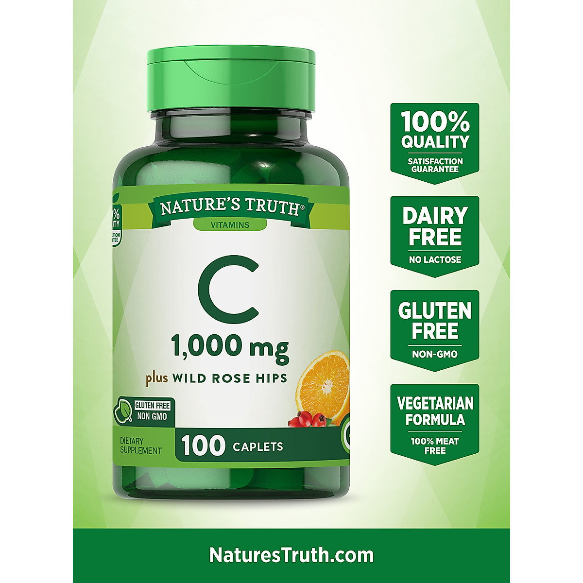 Vitamin C with Rose Hips 1000 mg | 110 Caplets Vegetarian, Non-GMO, Gluten Free | By Nature's Truth