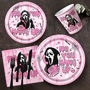Halloween Scream Birthday Decorations-142pcs No You Hang Up Tableware,Pink Scream Halloween Party Plates Napkins Cups Tablecloth Banner for Girl Halloween Birthday Party Horror Decor