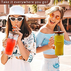 Birity 24oz Ribbed Glass Cup with Lids and Straws,2Pack Glass Tumbler with Handle,Reusable iced Coffee Cups,Wide Mouth Mason jar Cup for Smoothie,Iced Coffee,Fruit Juice,Soda Water,Tea,Travel Mug