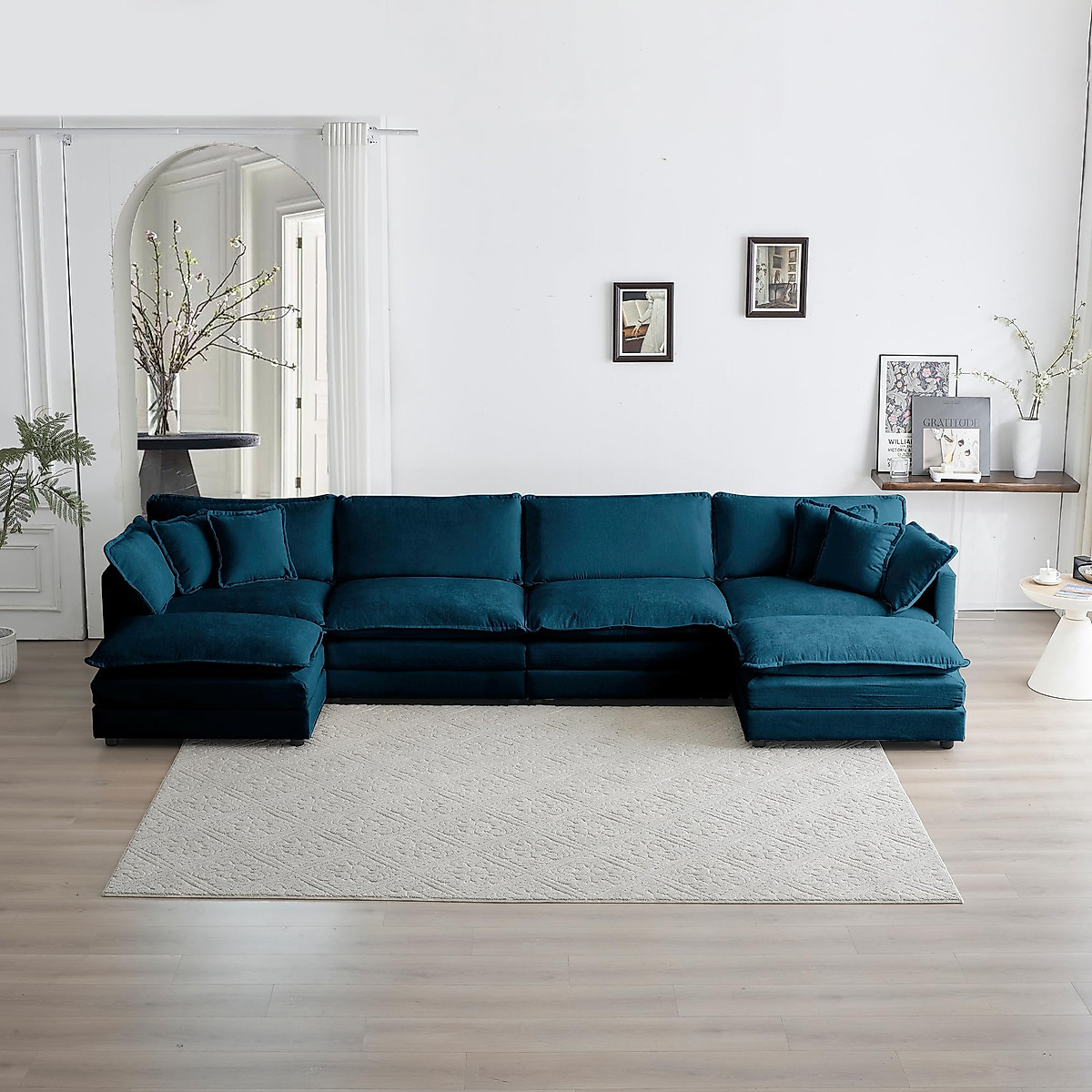 kevinplus 146.5'' Blue Large Sectional Sofa Couch U-Shaped with Ottoman for Living Room, Modern Contemporary Modular Sofa Couch for Apartment Office, Chenille Fabric (4-Seat Couch + 2 Ottoman)