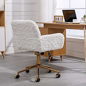 White Faux Fur Home Office Chair,Upholstered Elegant Desk Chair Makeup Vanity Chair for Girls,Swivel Desk Chair with Gold Base,Height Adjustable Tiltable Computer Chair,Cute Desk Chair for Kids