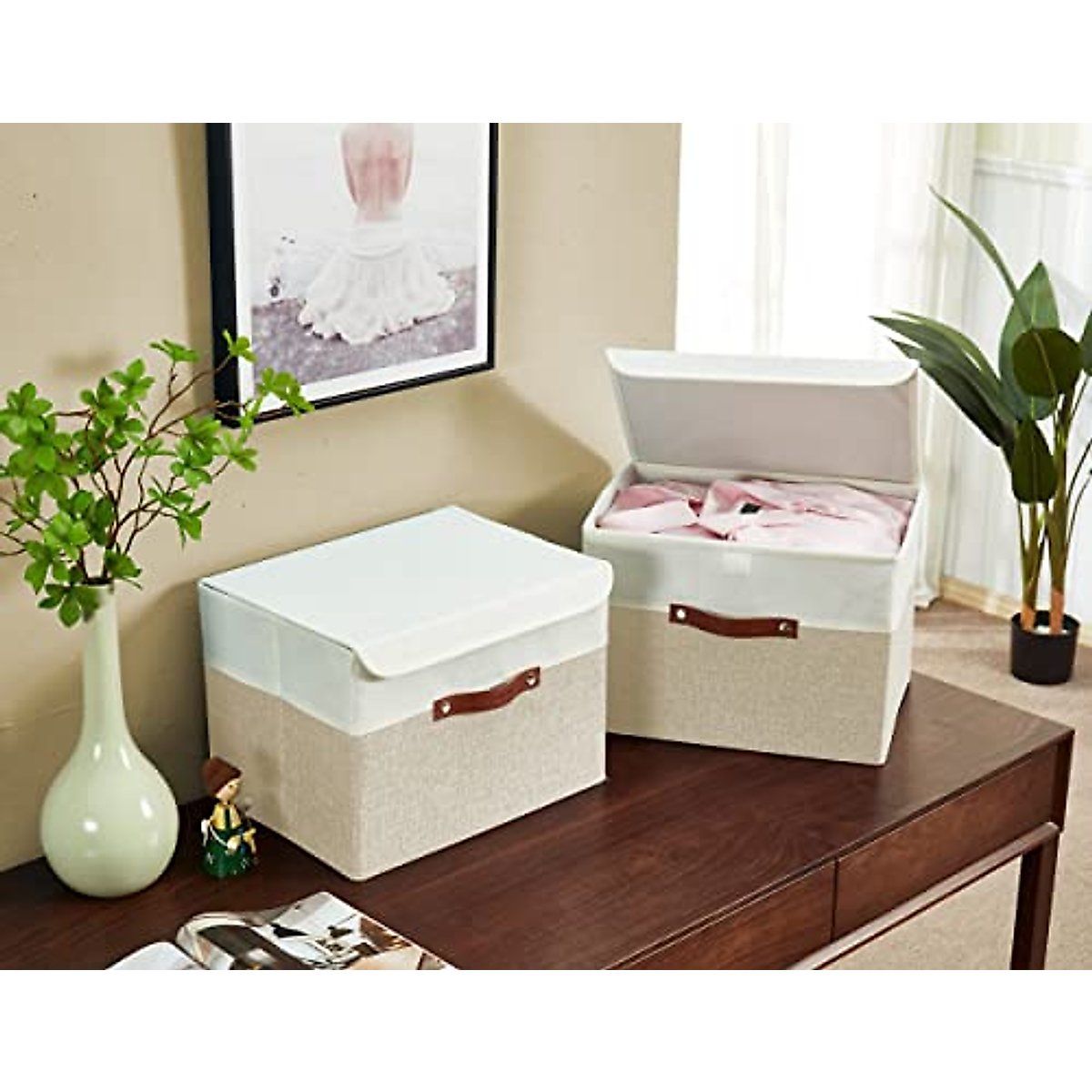 DECOMOMO Foldable Storage Bin with Lids [3-Pack] Collapsible Sturdy Cationic Fabric Storage Basket Box Container W/Handles for Organizing Shelf Nursery Linen (Beige and White, 15 x 11 x 11” – 3 Pack)