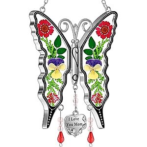 KY&BOSAM Butterfly Suncatcher Mother`s Day Gift I Love You Mom Stained Glass Suncatchers Hanging Ornament for Window Wind Chime Gifts for Mother`s Day Valentine`s Birthday Christmas Dream Catchers